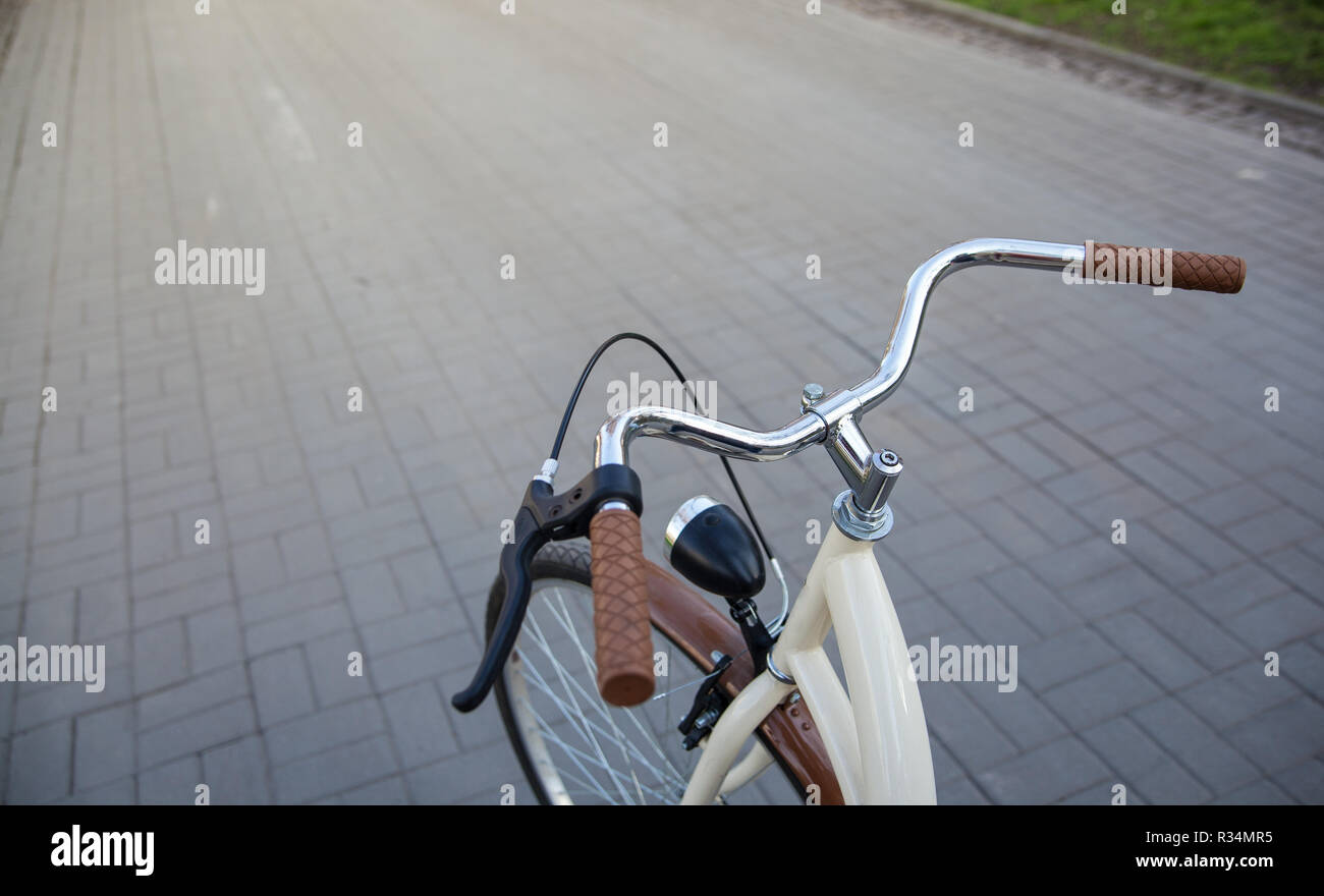 Steering wheel of a beige bicycle with brown handles on an avenue of ...