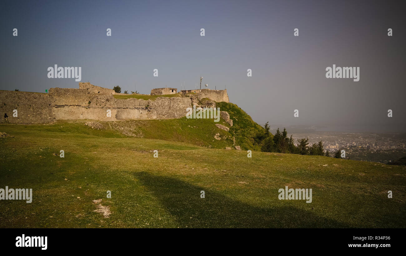Landscape to ruined Kanine Castle and Shushica mountain, Vlore region ...