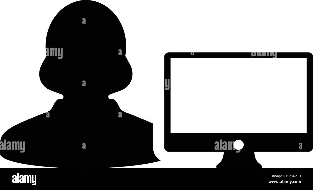 Internet icon vector female person user with computer monitor screen ...