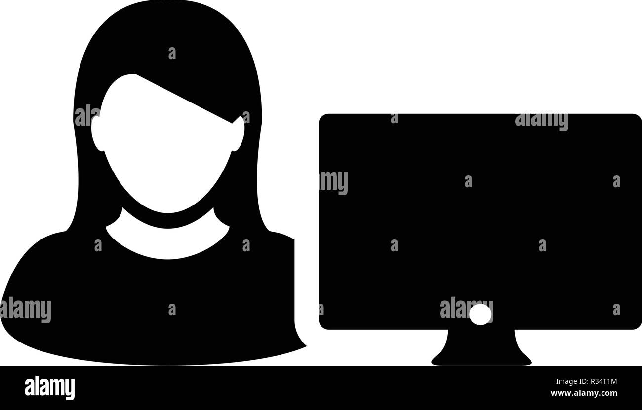 Computer icon vector female person user with computer monitor screen ...