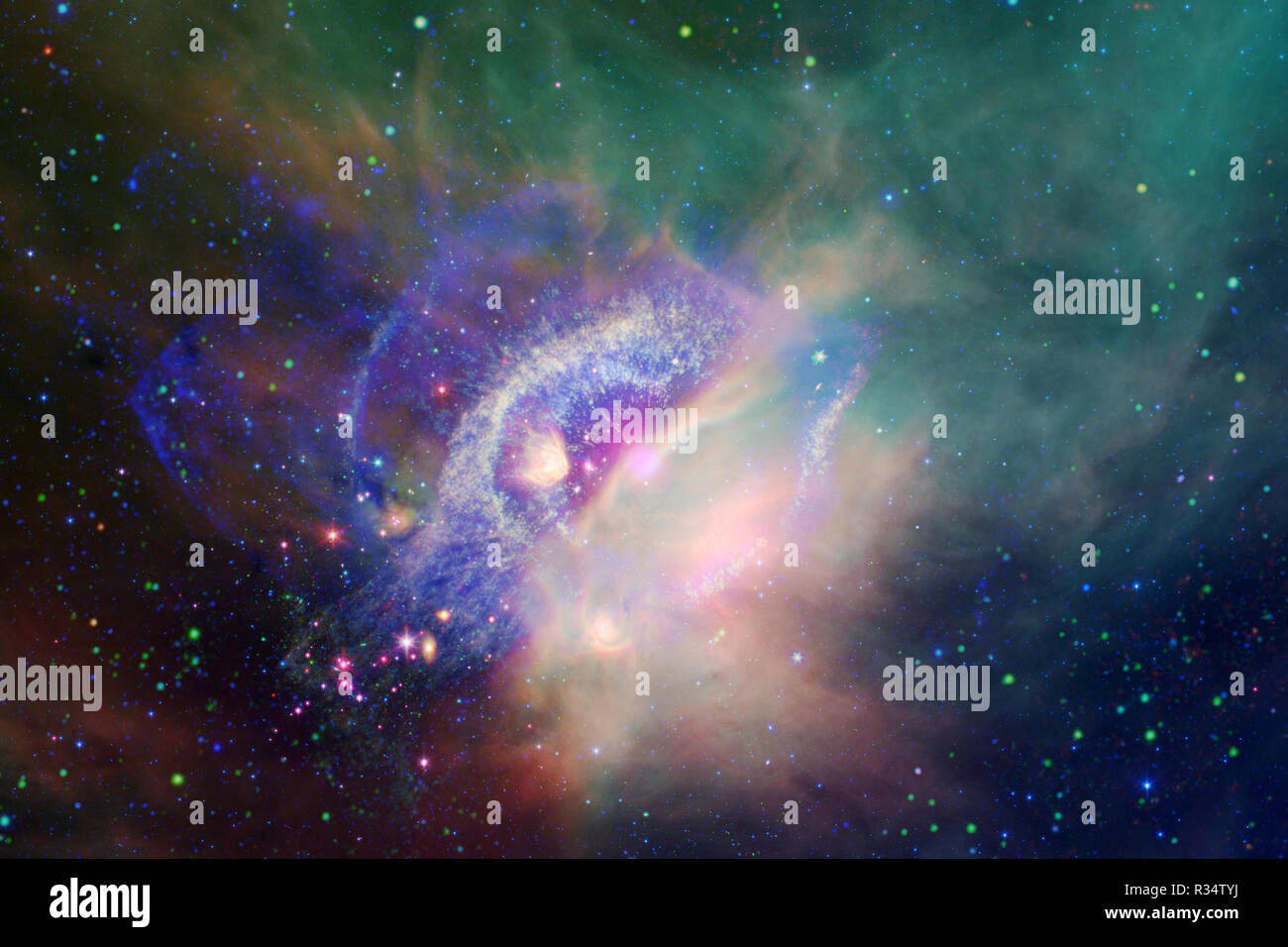Universe scene with bright stars and galaxies in deep space showing the ...