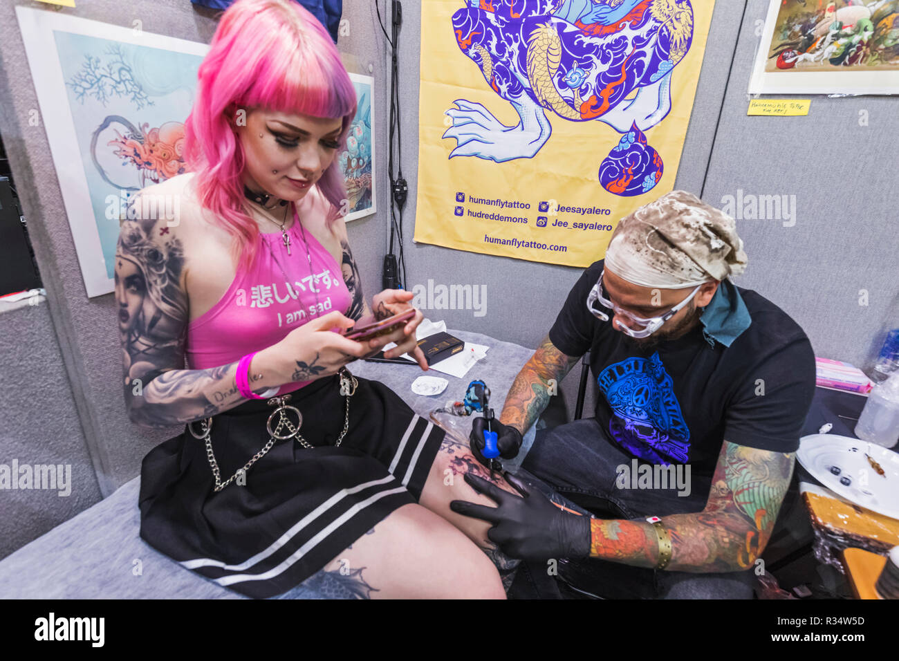 England, London, Wapping, Tobacco Dock, London Tattoo Convention, Woman ...