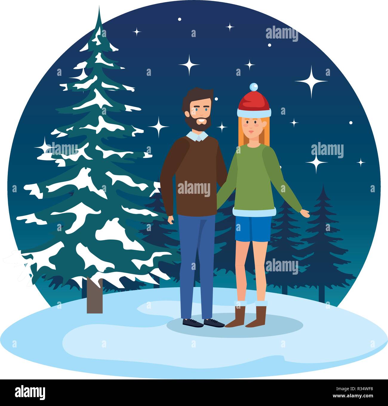 young couple with winter clothes in snowscape vector illustration ...