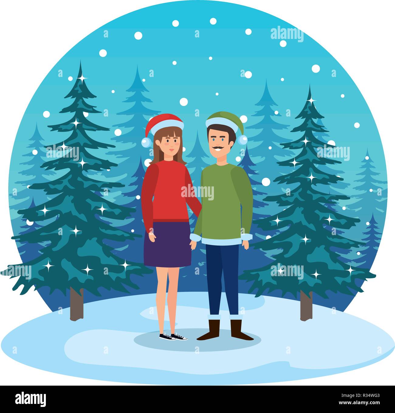 young couple with winter clothes in snowscape vector illustration ...