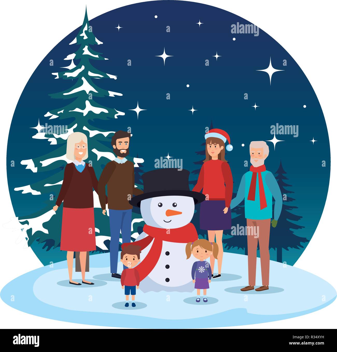 family members with snowman in snowscape vector illustration Stock ...