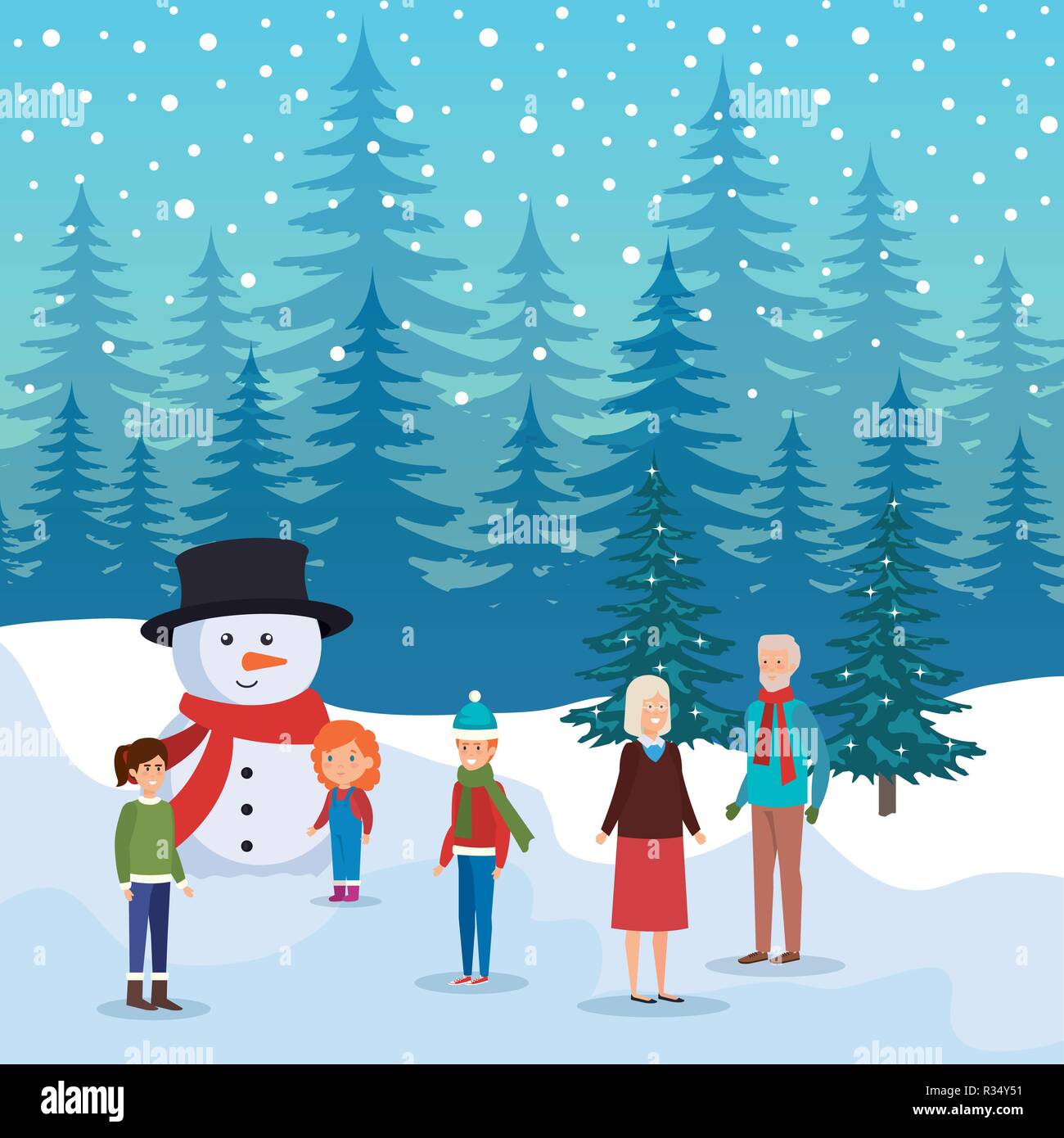 family members with snowman in snowscape vector illustration Stock ...