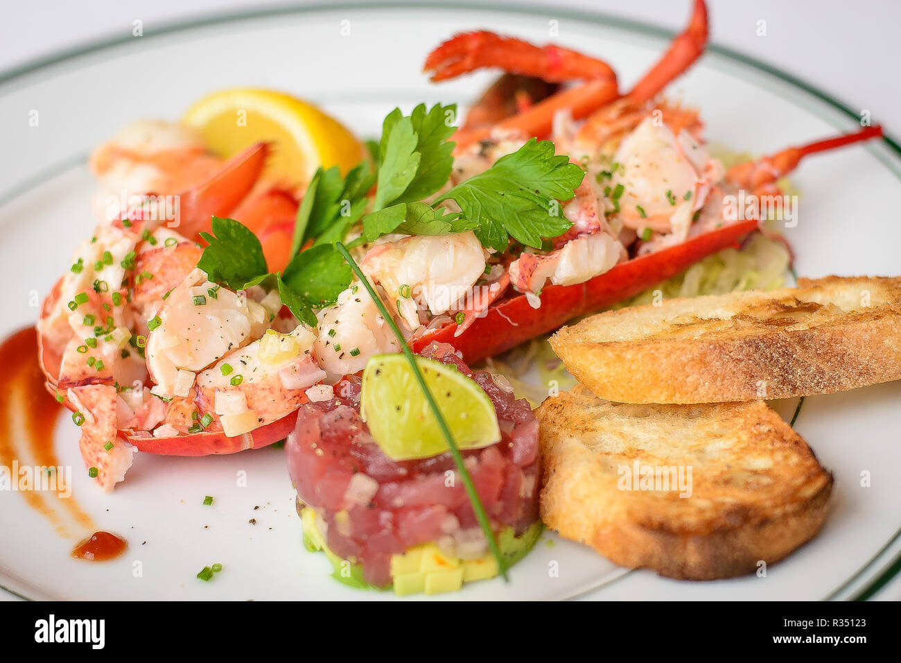 Seafood Taster Tuna Tartar, Lobster Salad, Jumbo Shrimp Salad Stock ...