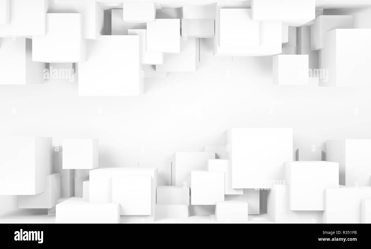 Abstract white digital background with random installation of cubes and ...