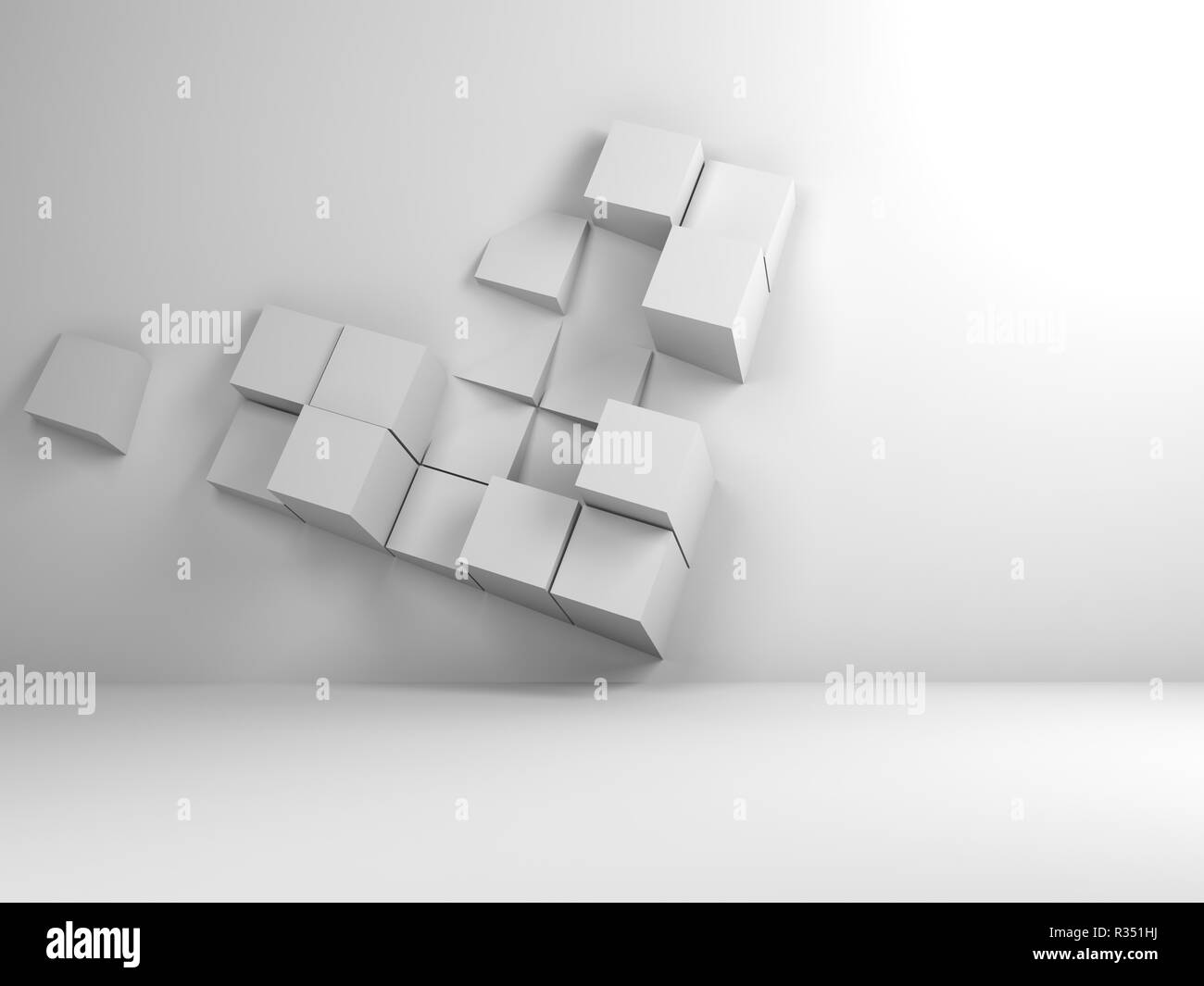 Abstract white room interior background with random extruded cubes ...