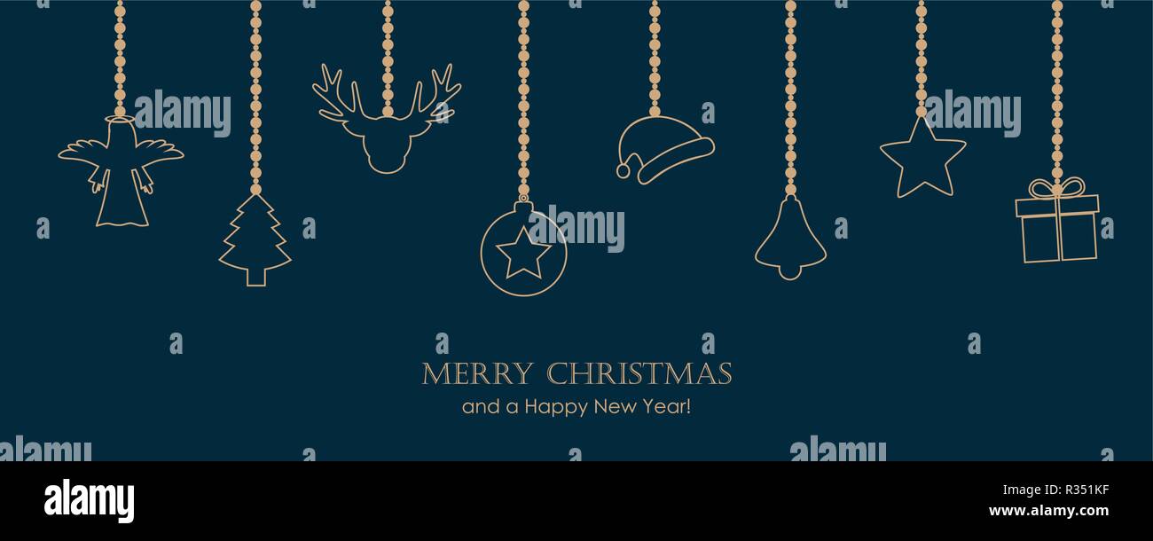 christmas greeting card with hanging decoration fir santa cap angel ...