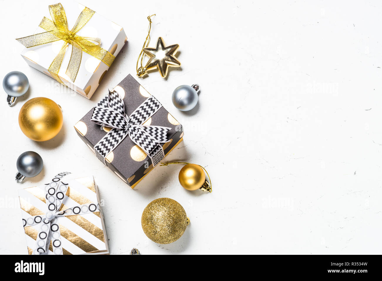 Christmas background with Gold present box and decorations Stock Photo ...