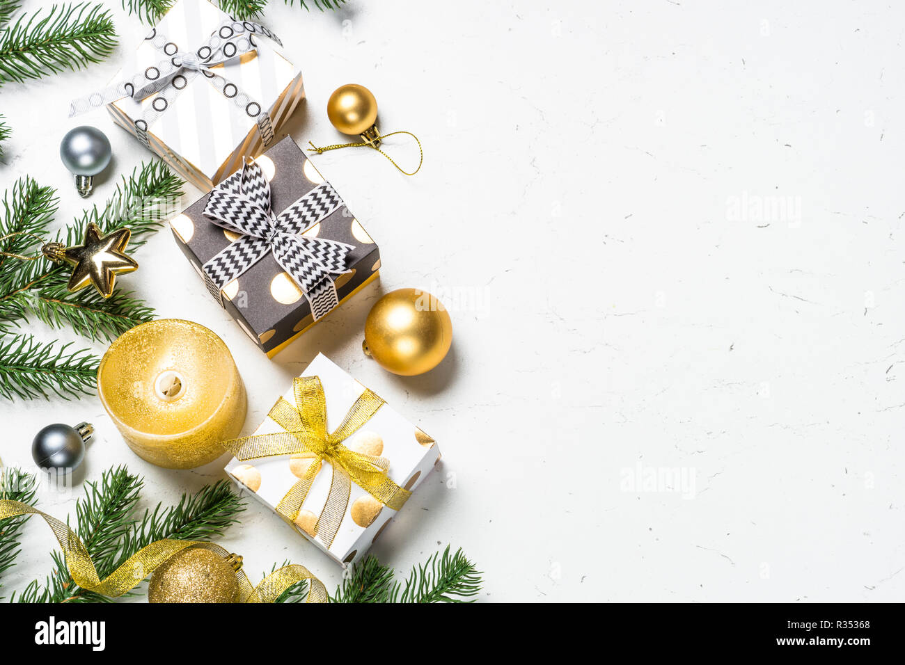 Christmas background with Gold present box and decorations Stock Photo ...