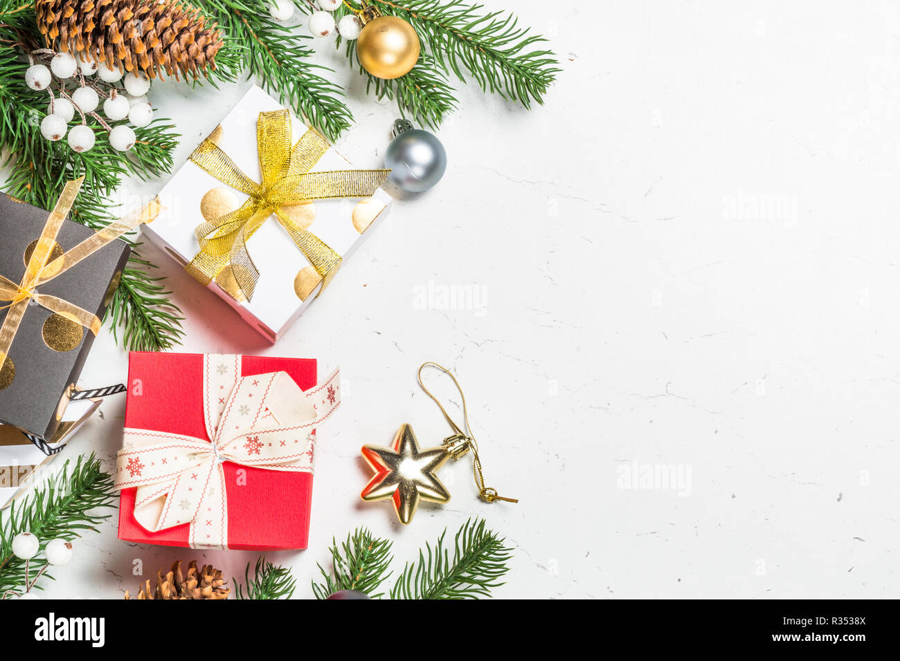 Christmas background with present box and decorations Stock Photo - Alamy
