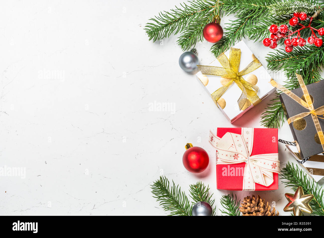 Christmas background with present box and decorations Stock Photo - Alamy