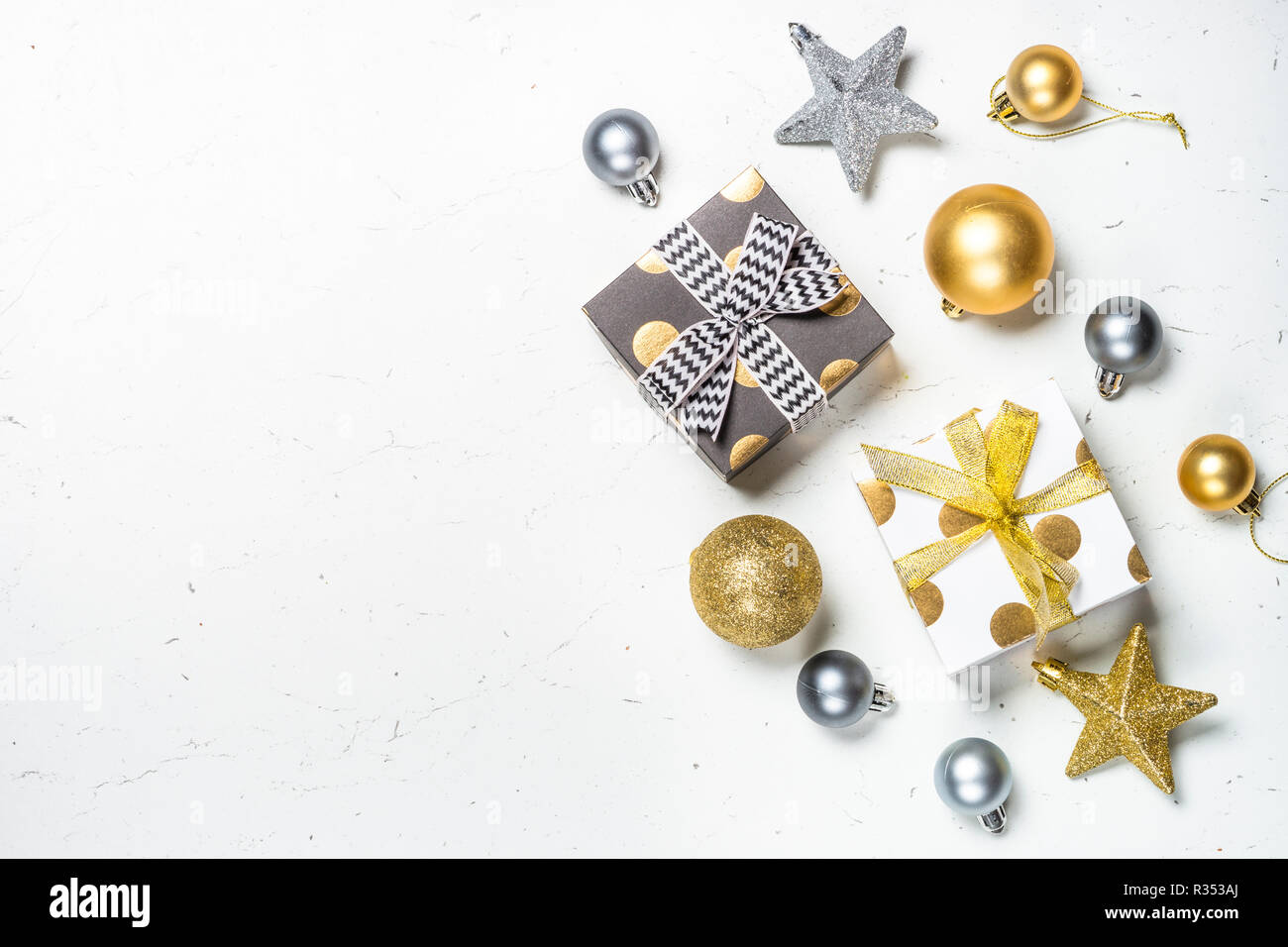 Black, silver and Gold present box and decorations on white Stock Photo ...