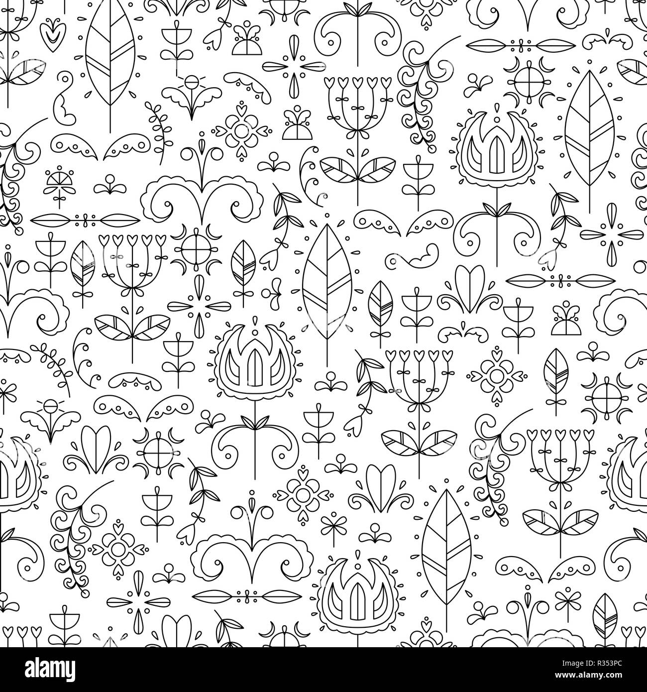 Vector seamless pattern in Scandinavian style. Line art. Flowers and ...