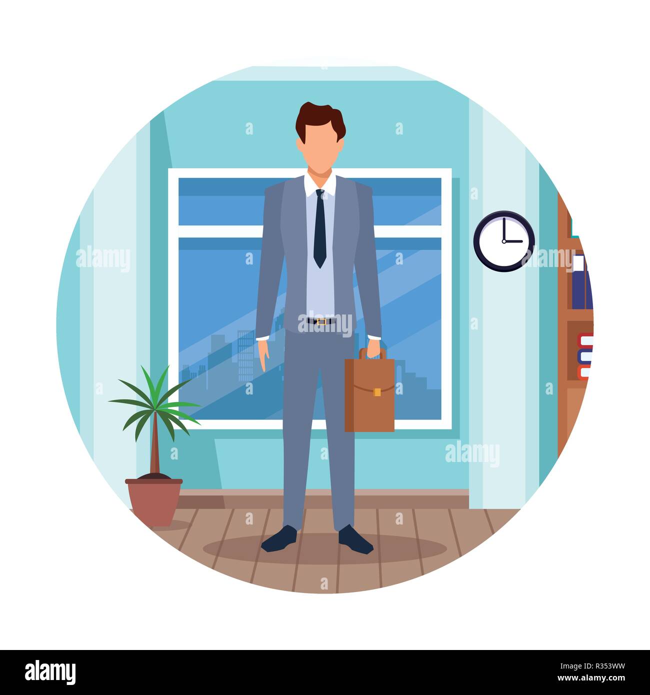 executive man in side office round icon cartoon vector illustration ...