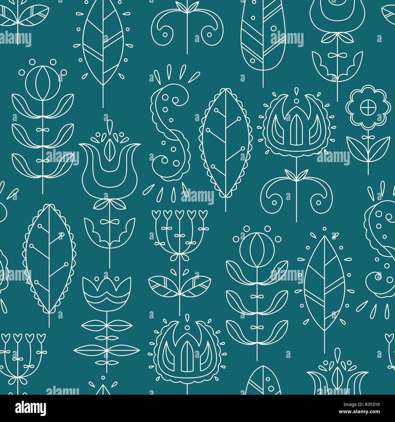 Vector seamless pattern in Scandinavian style. Line art. Flowers and ...