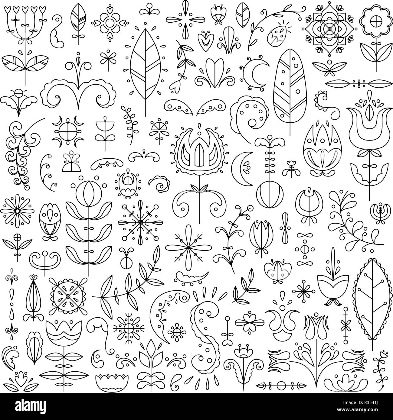 Vector line set of 90 Scandinavian elements. Flowers and doodles Stock ...