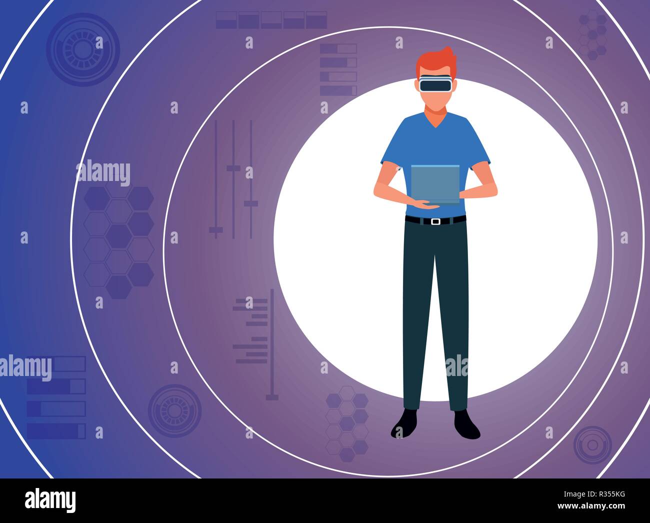 Man using virtual reality glasses over round background avatar cartoon ...