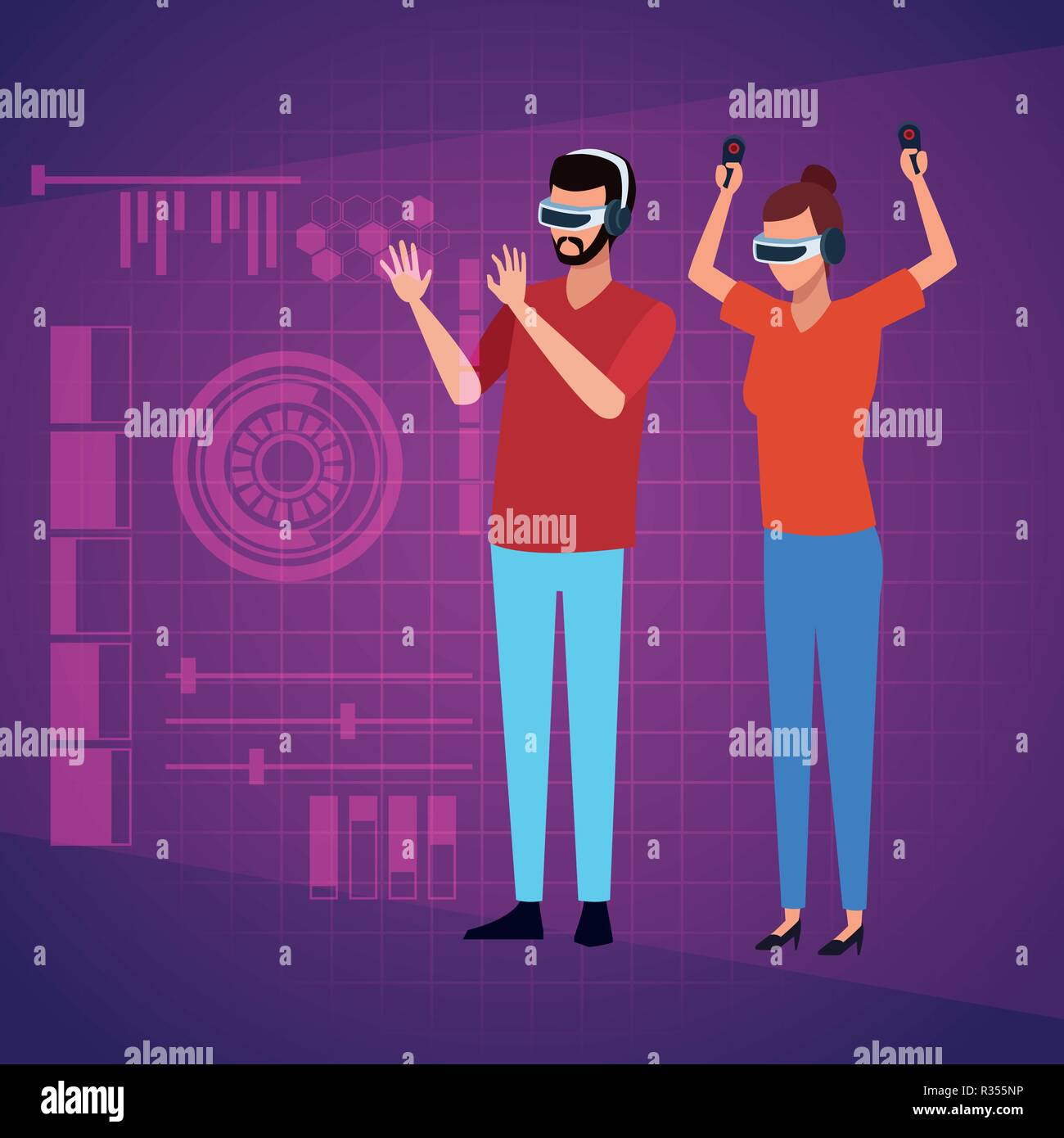 couple using Virtual reality technology avatar cartoons vector ...