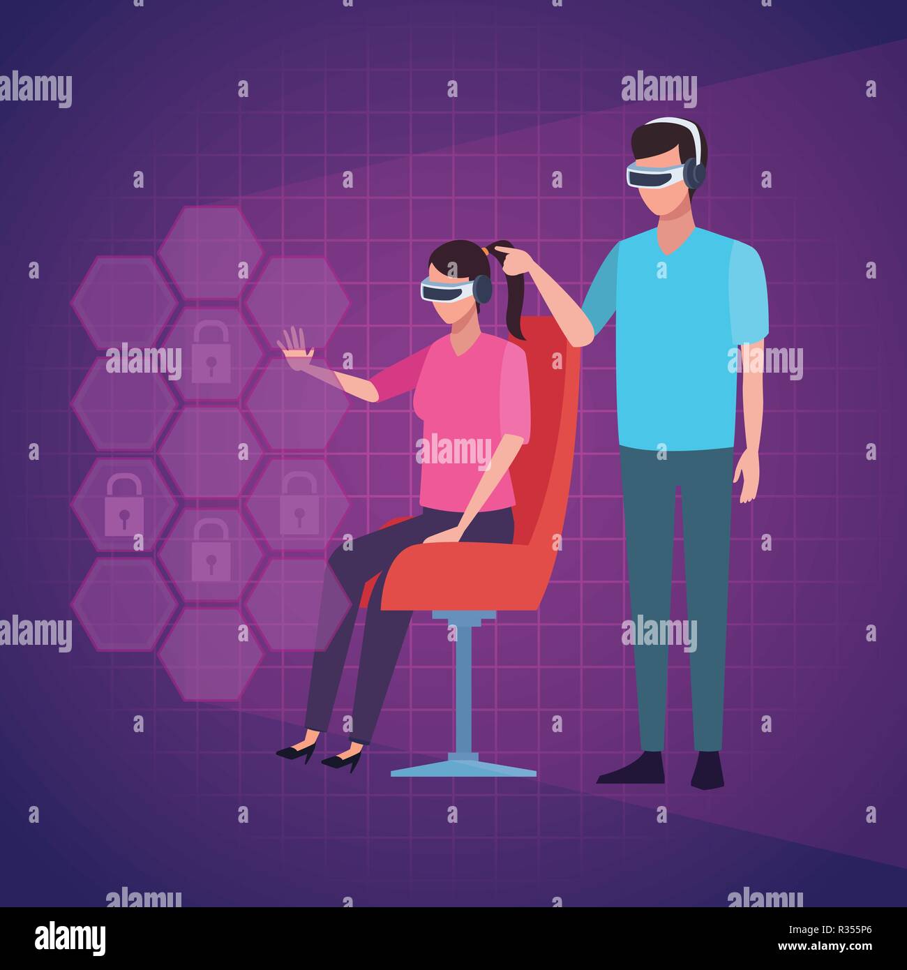 couple using Virtual reality technology avatar cartoons vector ...