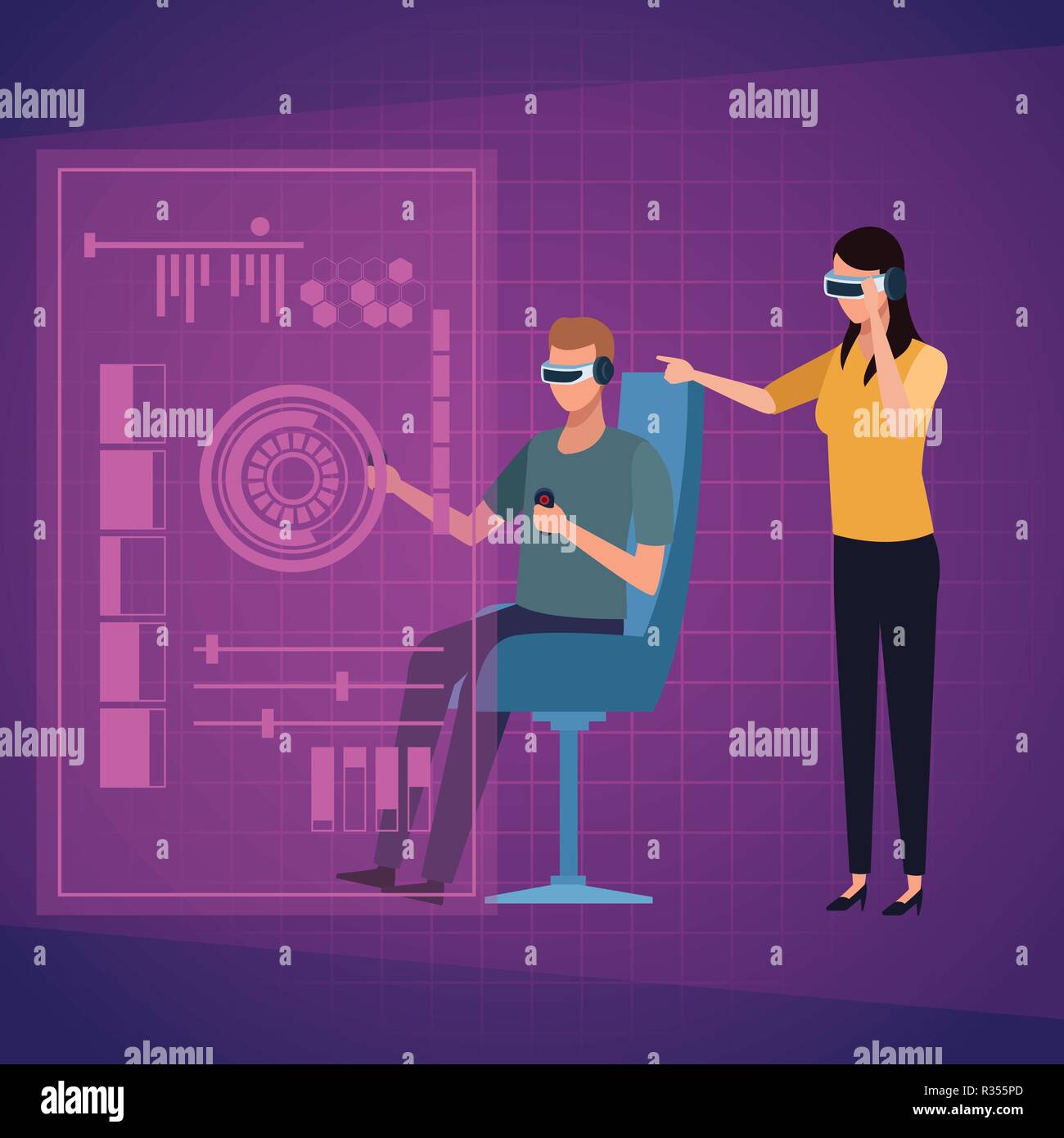 couple using Virtual reality technology avatar cartoons vector ...
