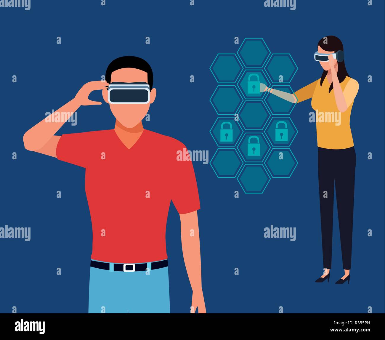 couple using Virtual reality technology avatar cartoons vector ...