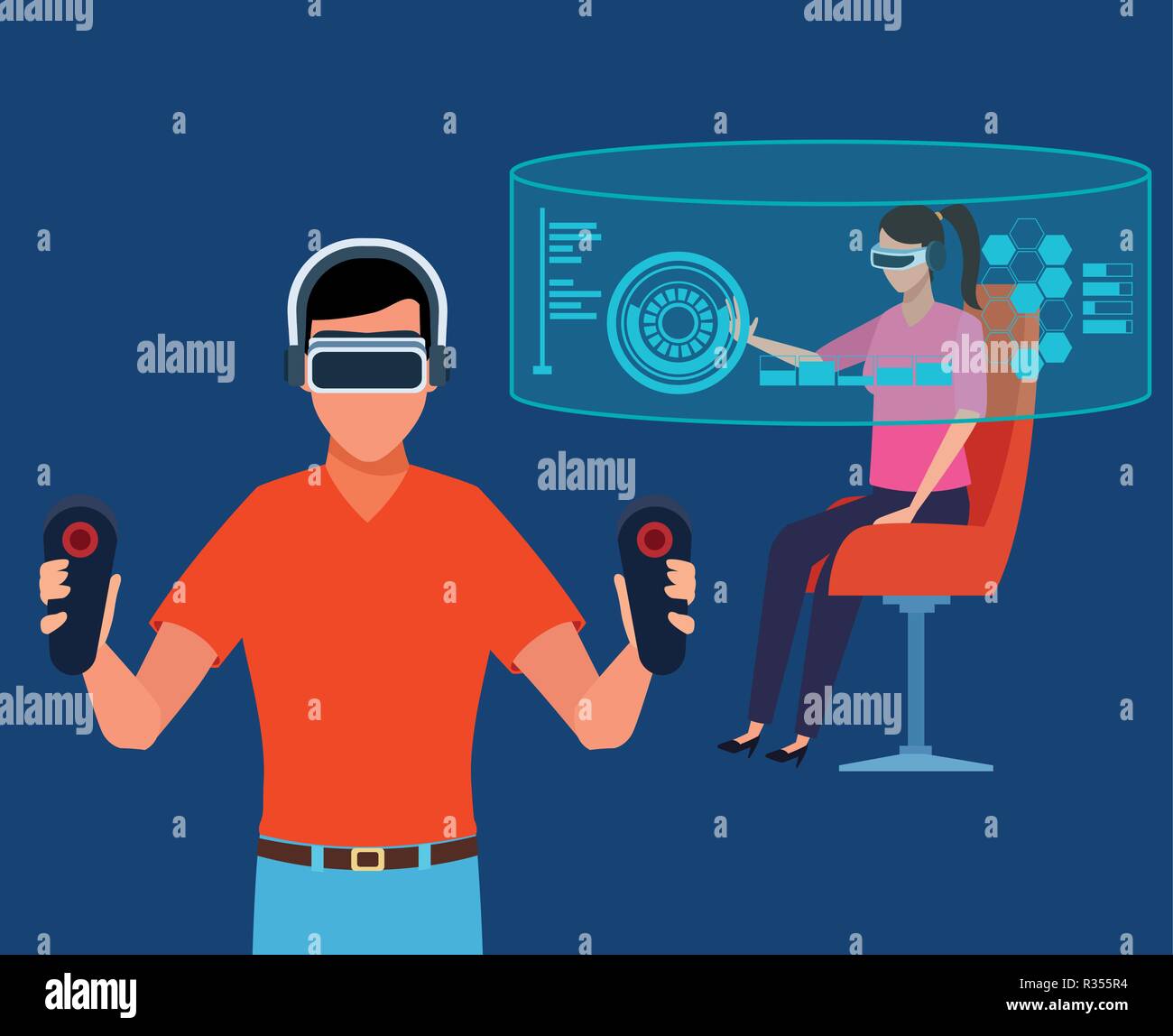 couple using Virtual reality technology avatar cartoons vector ...