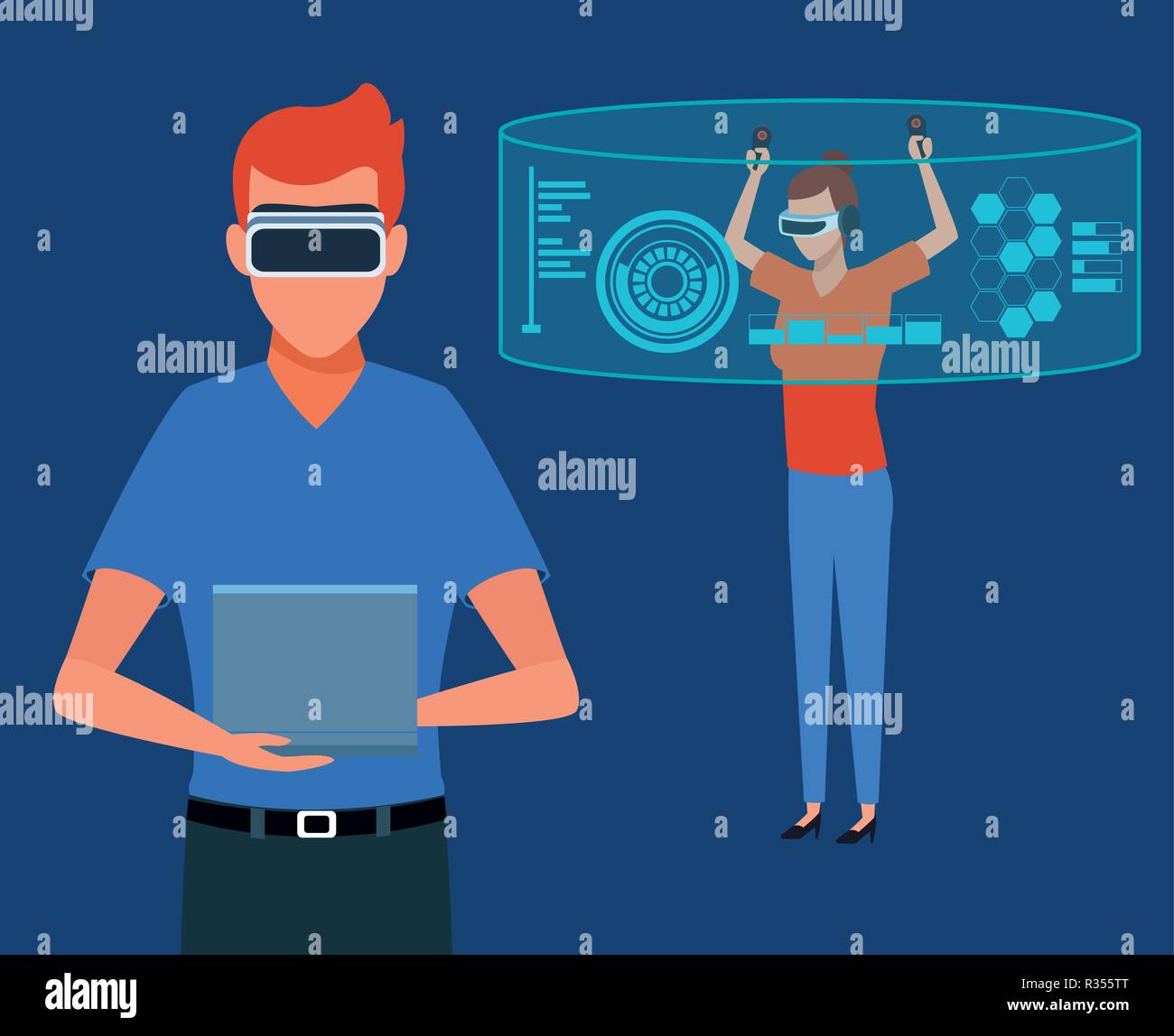 couple using Virtual reality technology avatar cartoons vector ...
