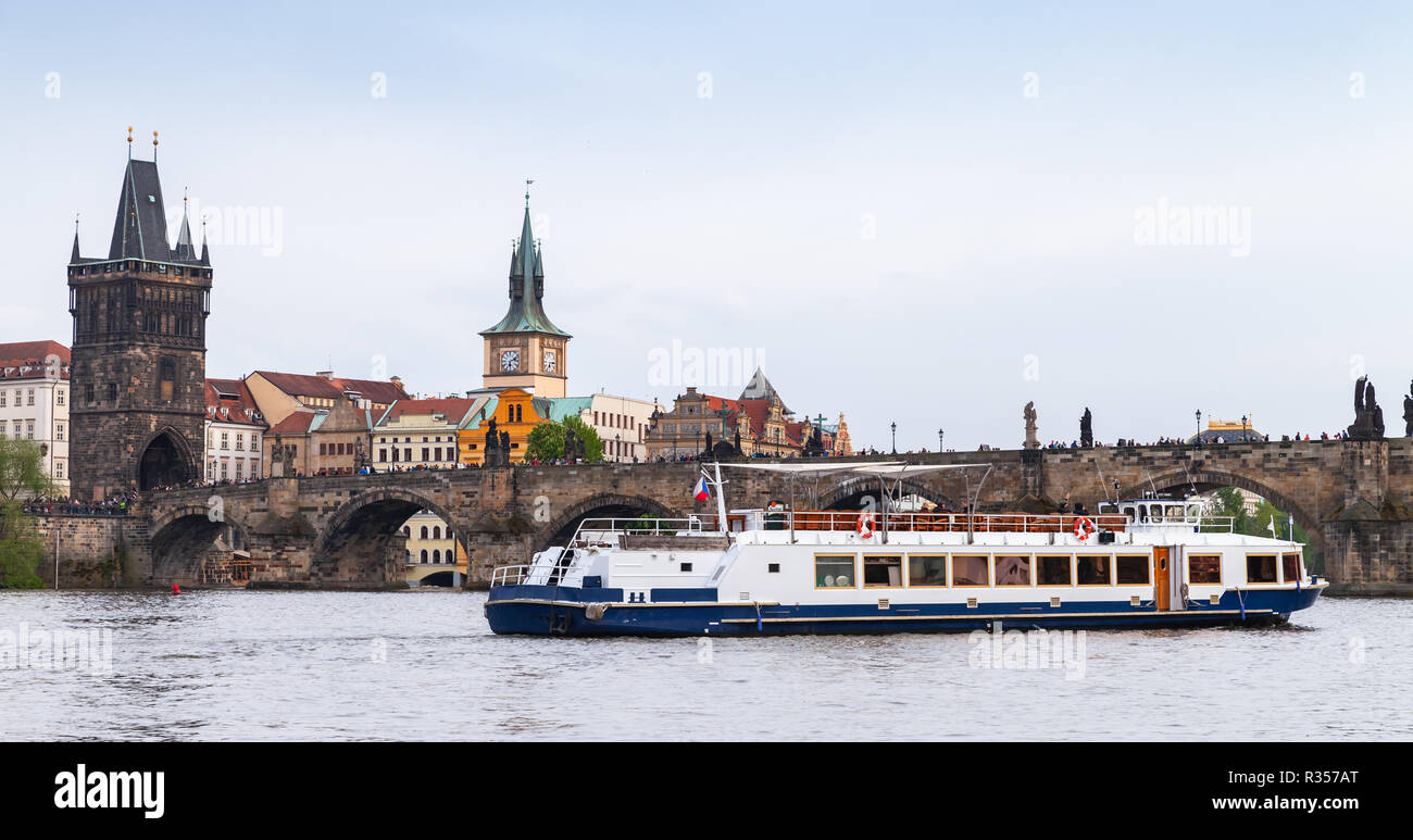 Small passenger ship on Vltava river. Prague, Czech Republic Stock ...
