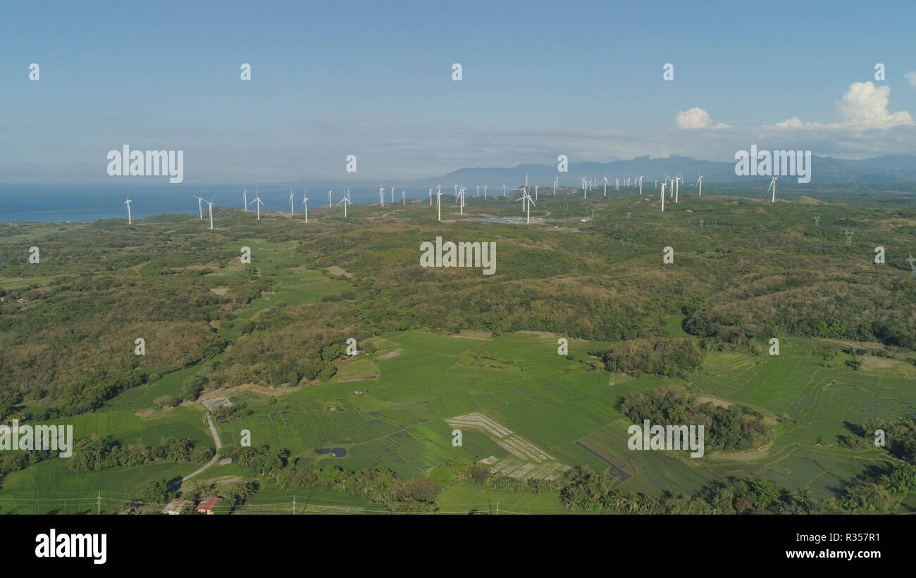 Aerial view of Windmills for electric power production on the seashore ...