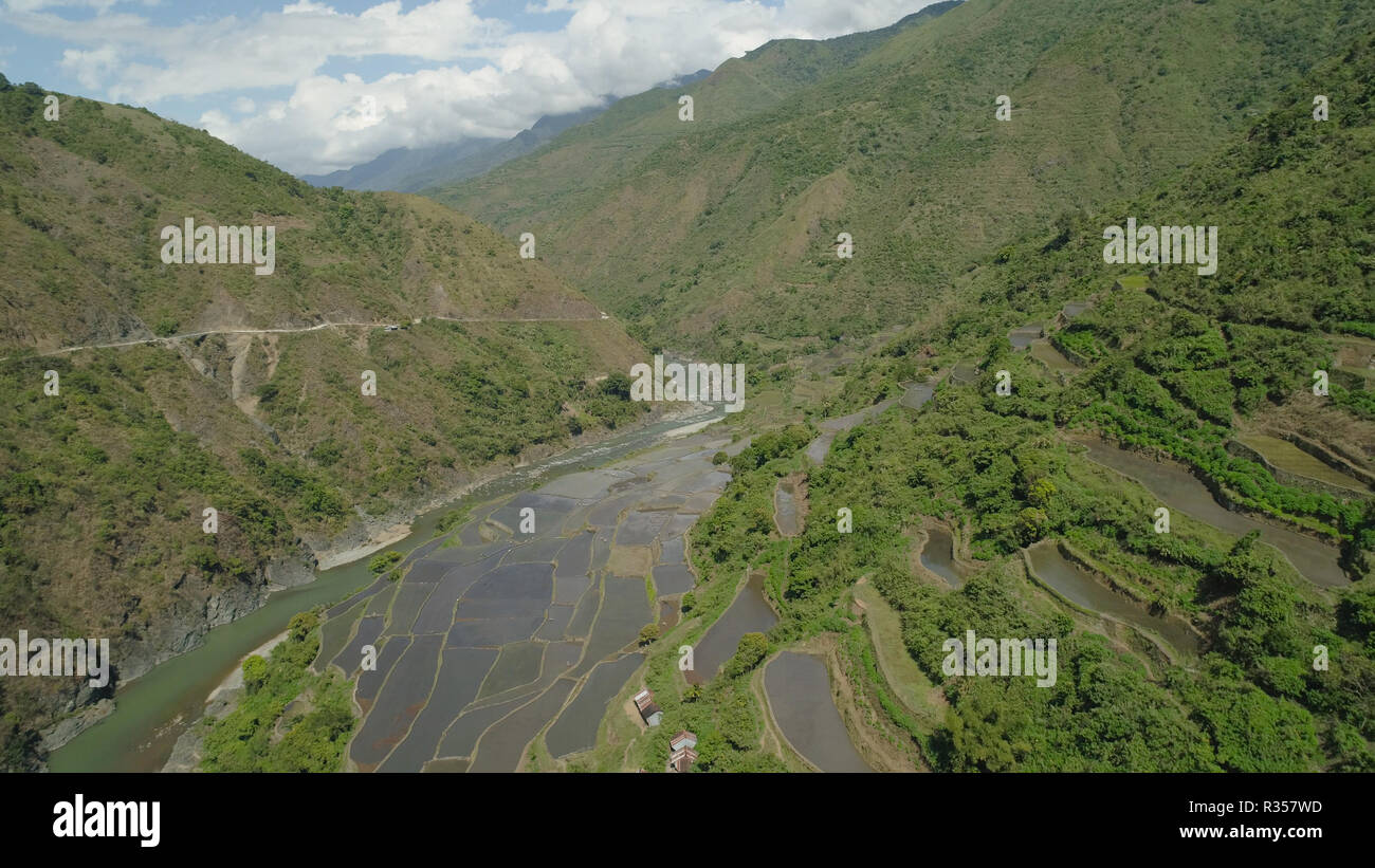 Aerial view of rice terraces and agricultural land on the slopes of the ...