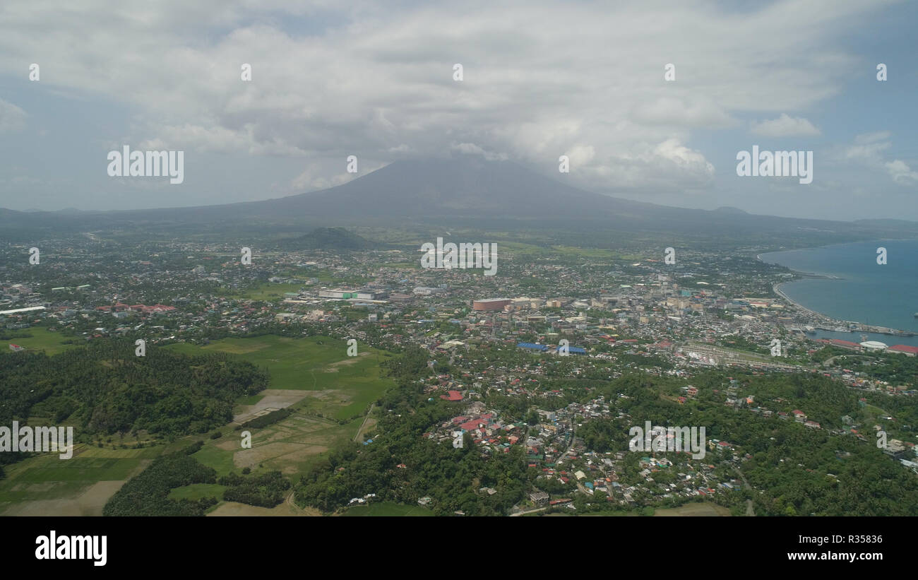 Aerial view city Legazpi in background Mayon volcano. Tropical ...