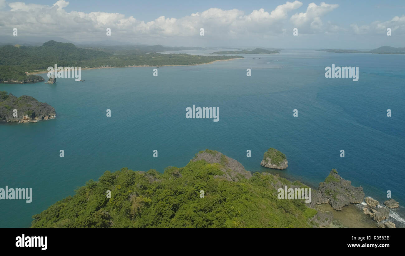 Aerial view of islands with sand beach and turquoise water in blue ...