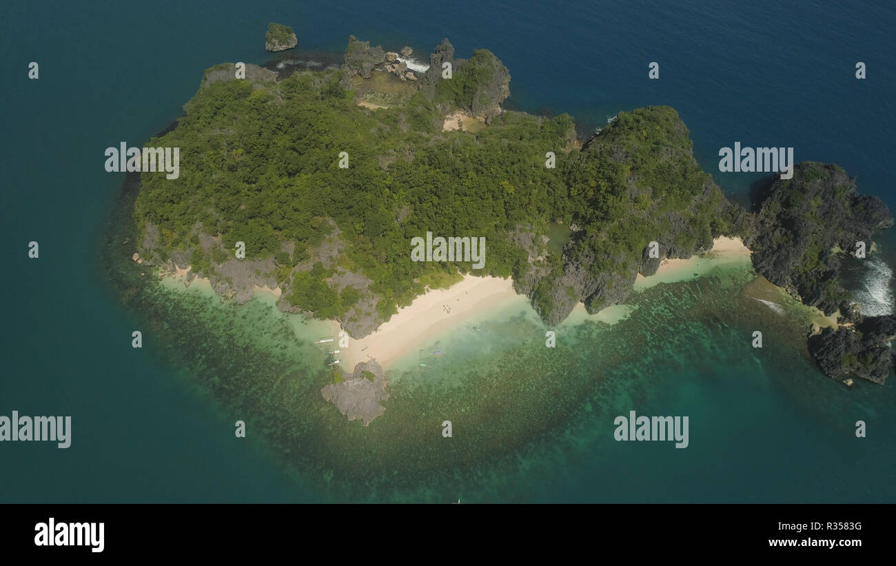 Aerial view Matukad island with sand beach and turquoise water in blue ...