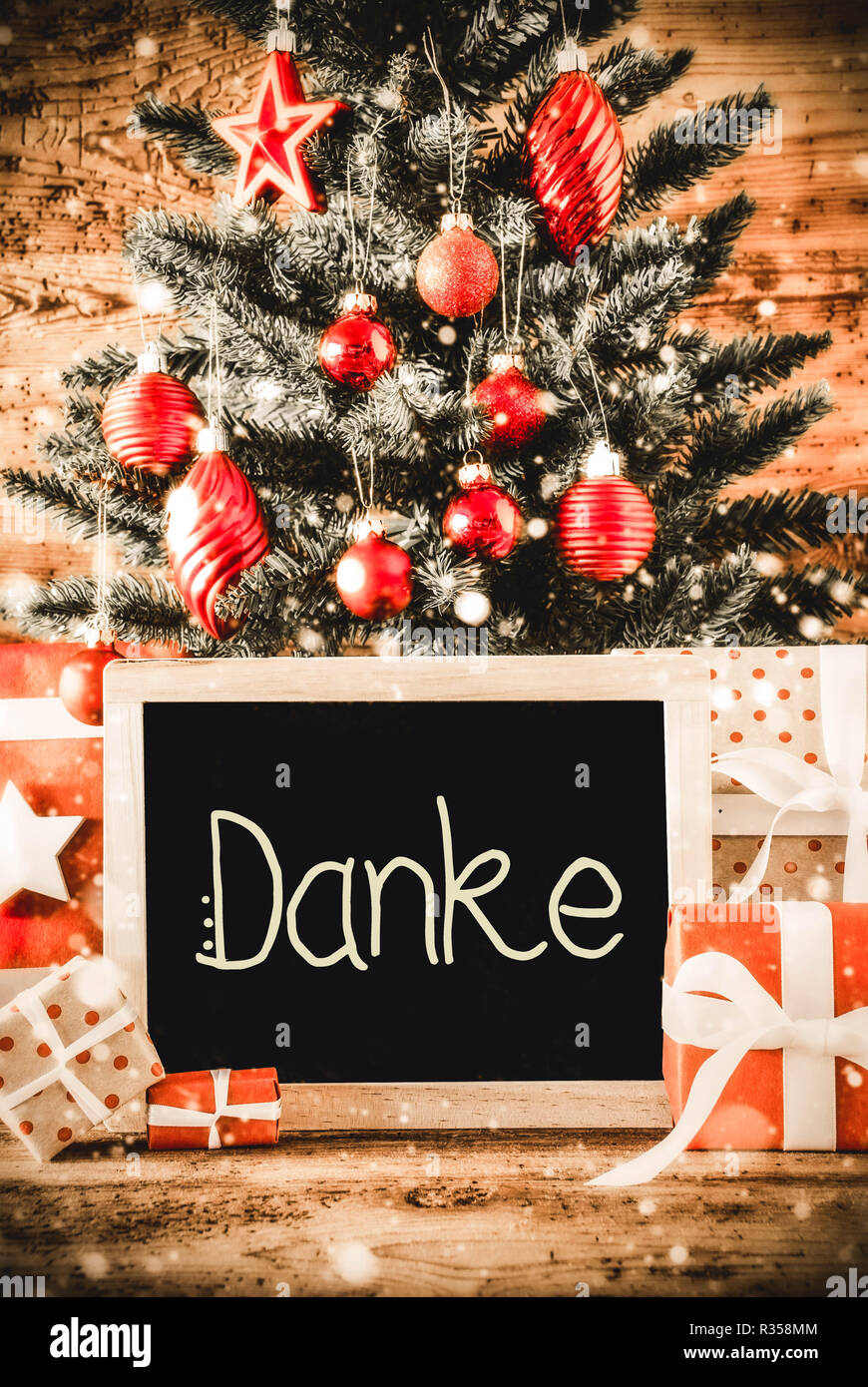 Vertical Tree, Gifts, Calligraphy Danke Means Thank You Stock Photo - Alamy