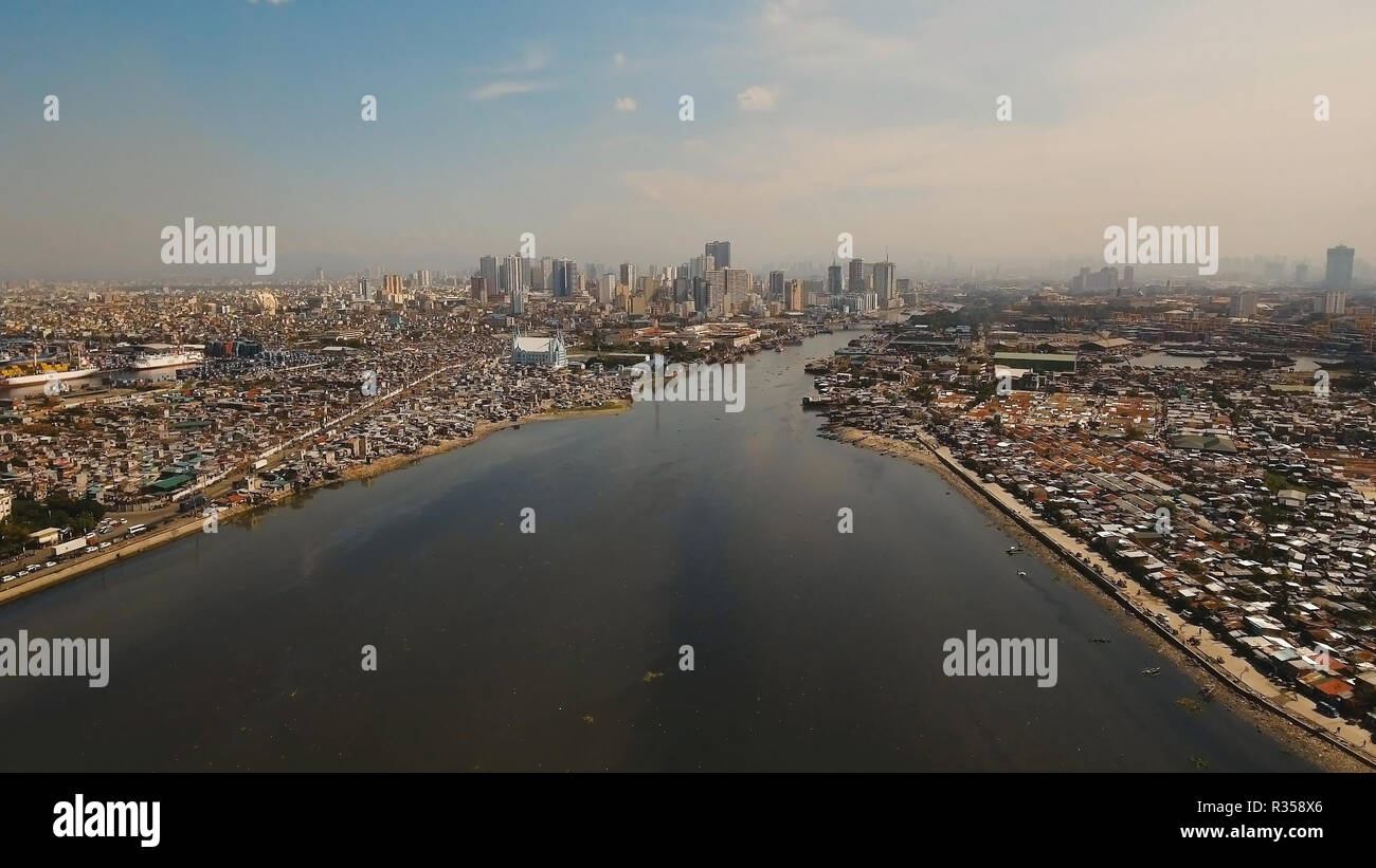 Aerial view skyline of Manila city, Makati. Fly over city with ...
