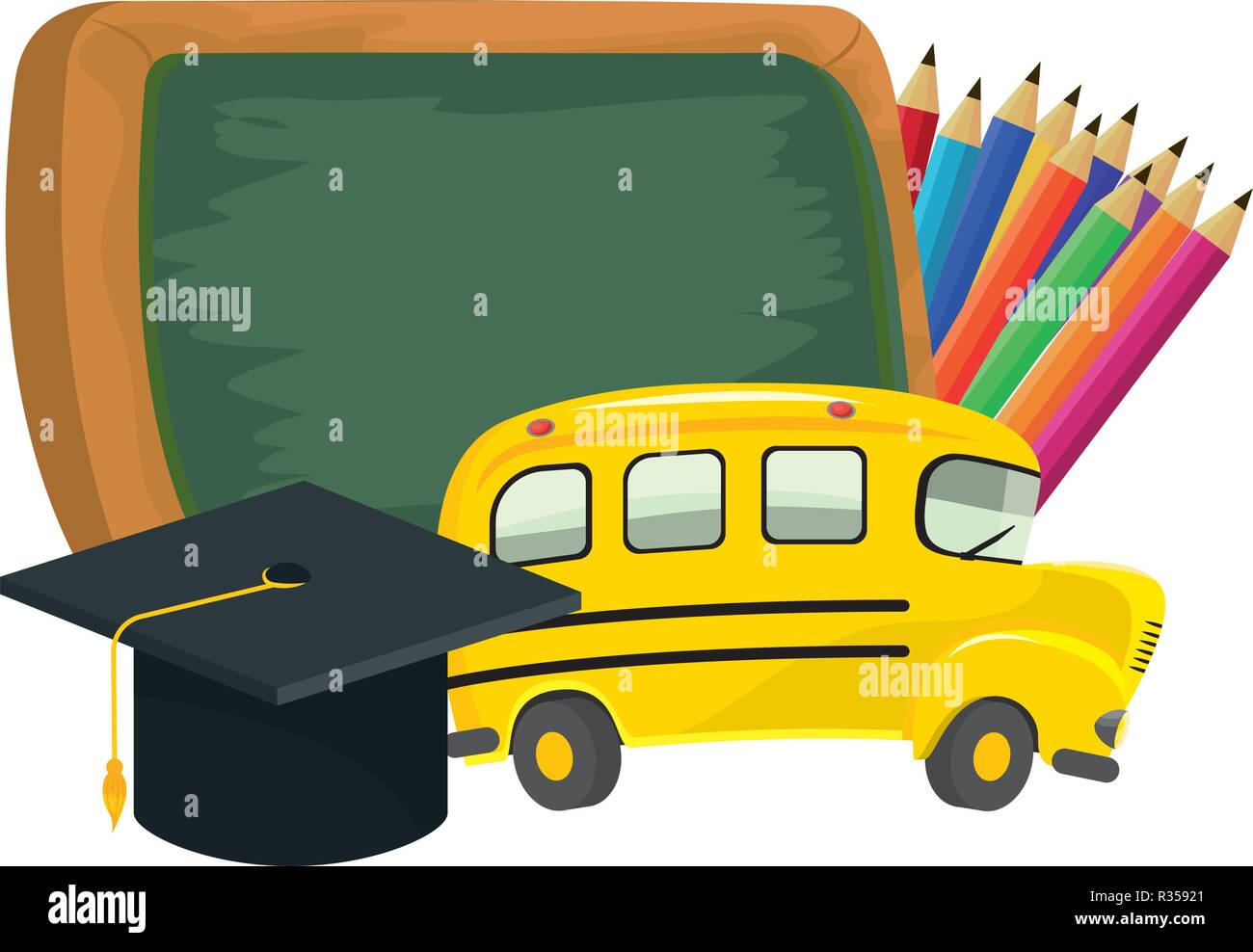 elementary school bus with study elements cartoon vector illustration ...