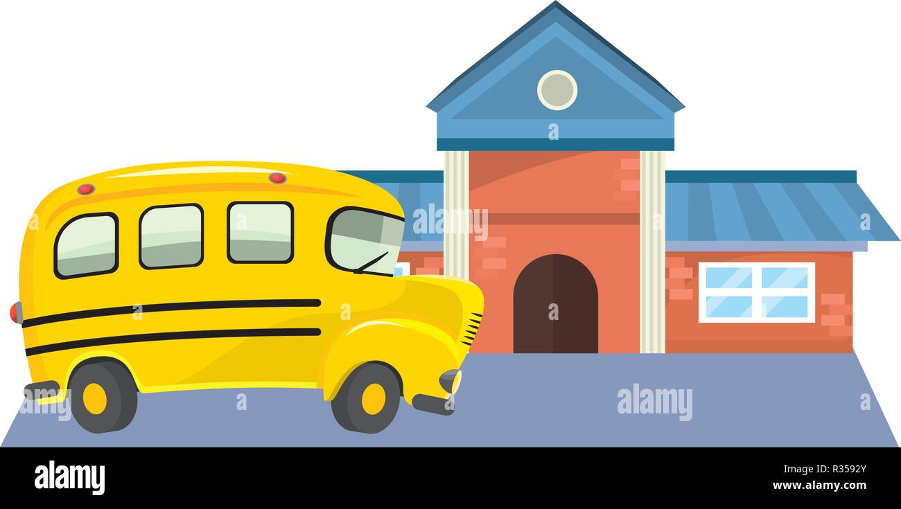 elementary school bus in front school building cartoon vector ...