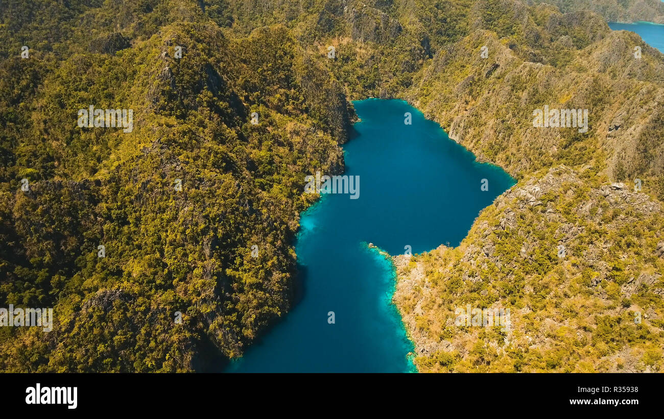 Aerial view:Mountain Kayangan lake,on a tropical island with blue water ...