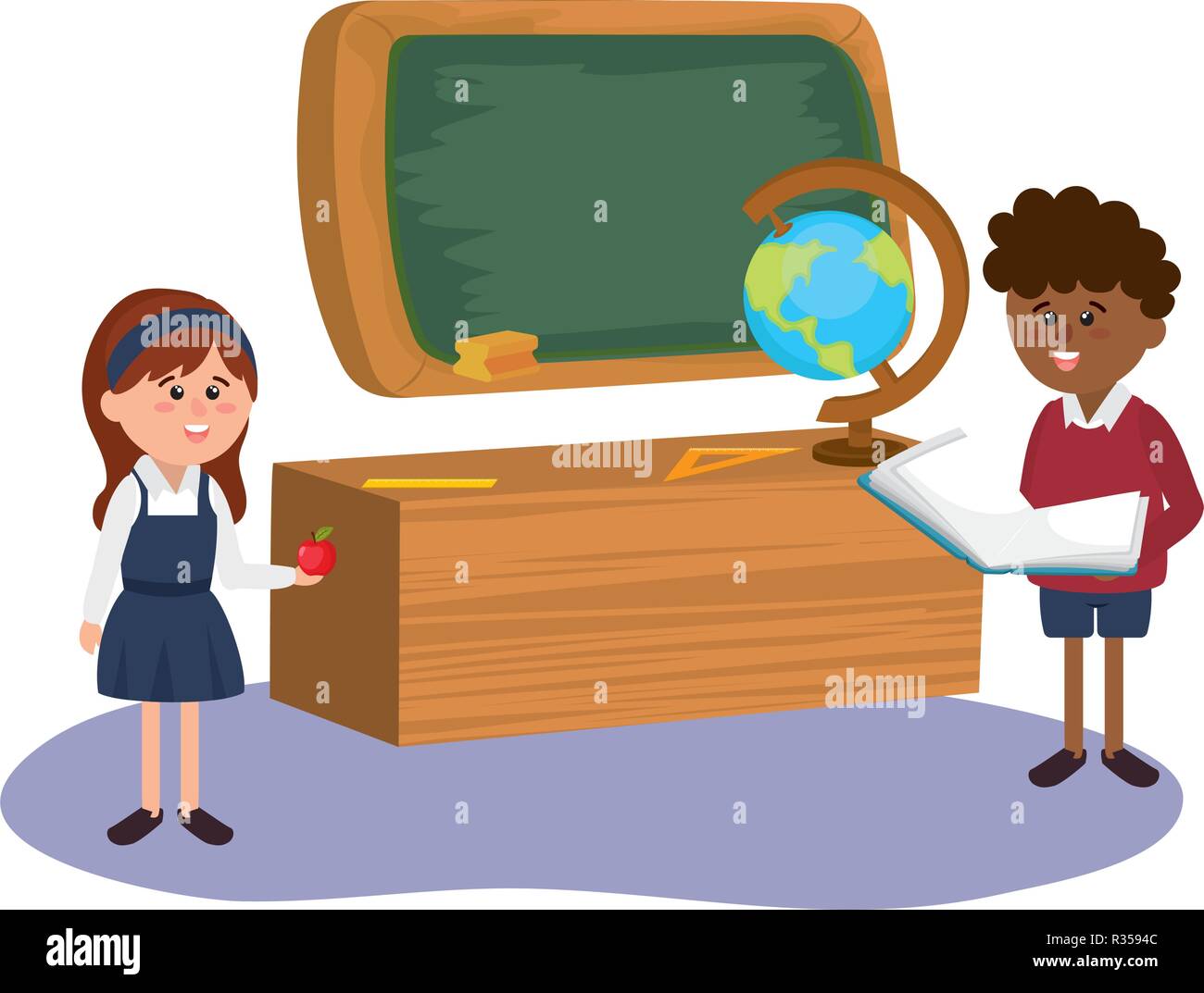 elementary school students with desk and world map in front board ...
