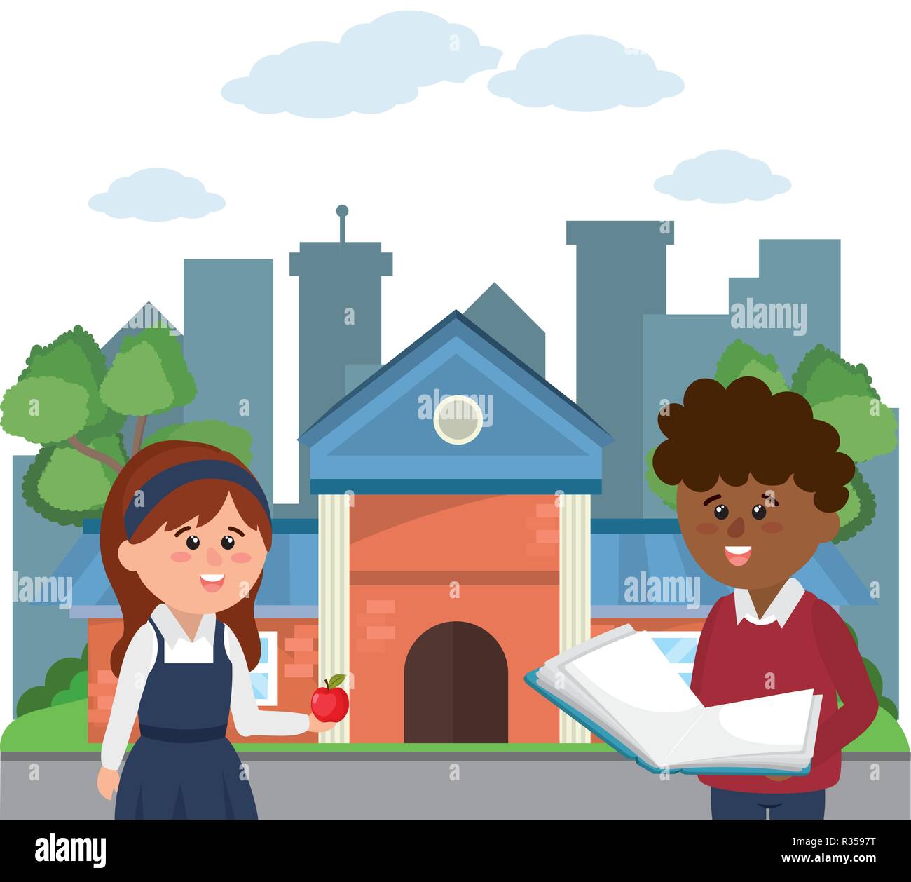 elementary school students in front school building and city landscape ...