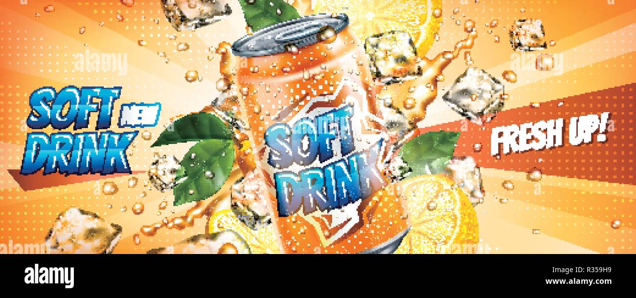 Soft drink banner ads with ice cubes and citrus elements in 3d ...