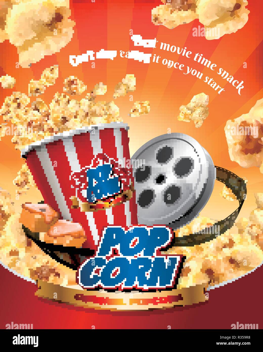 Caramel popcorn poster with flying corns and cinema items in 3d ...