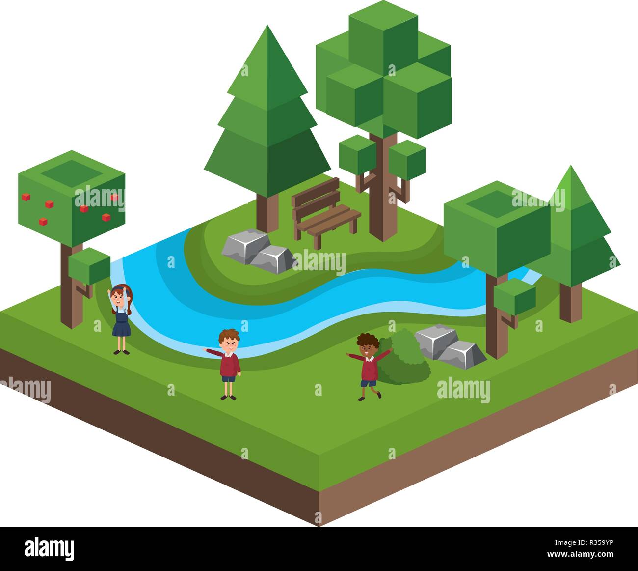 isometric park activity with kids and trees between river cartoon ...