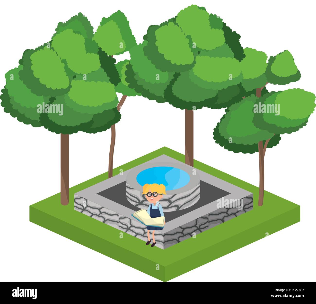 isometric park activity with girl reading over water well cartoon ...