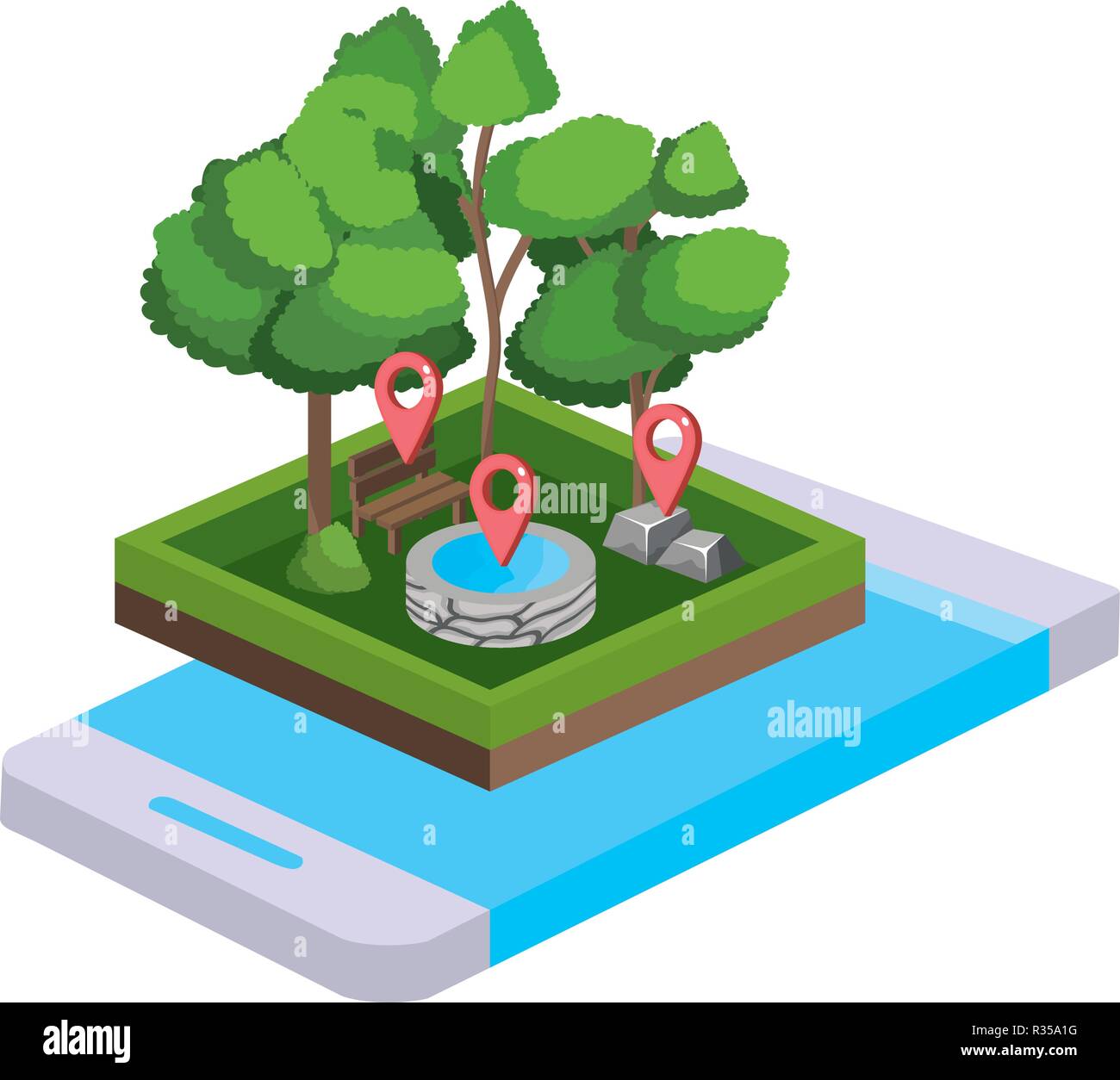 isometric park activity with gps locations over smartphone cartoon ...