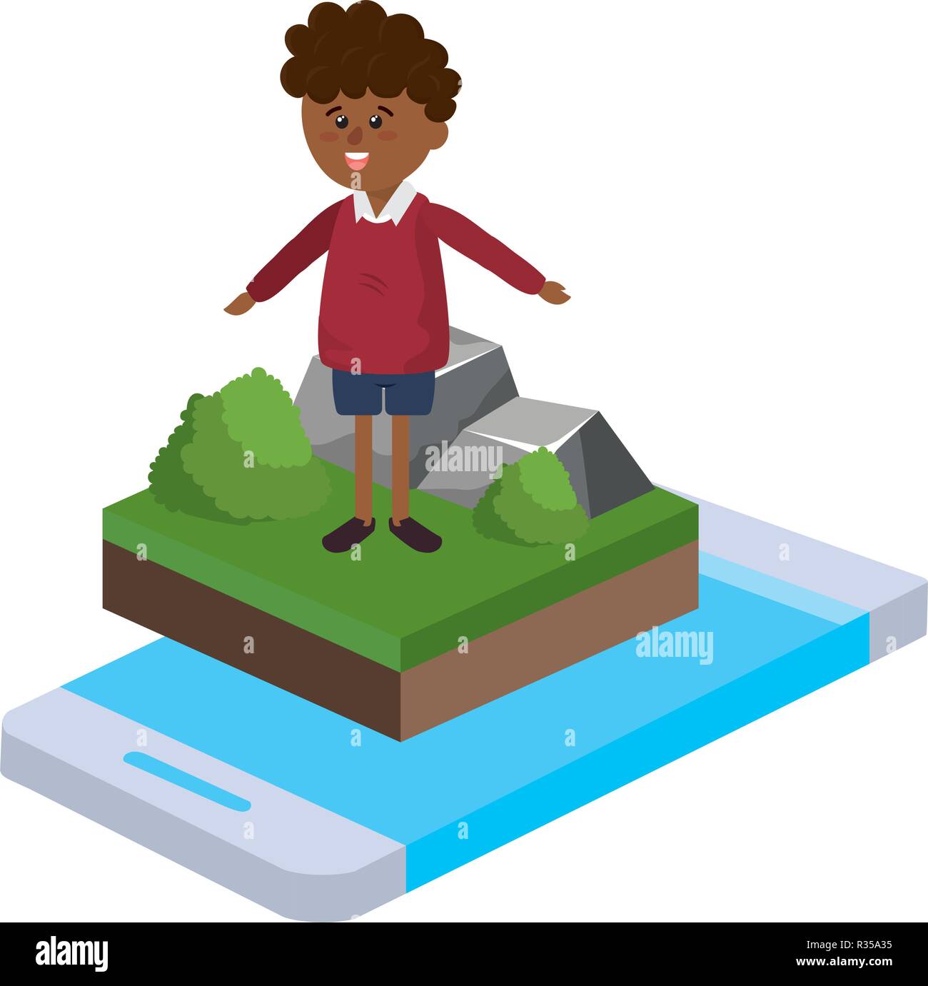 isometric park activity with boy over smartphone cartoon vector ...
