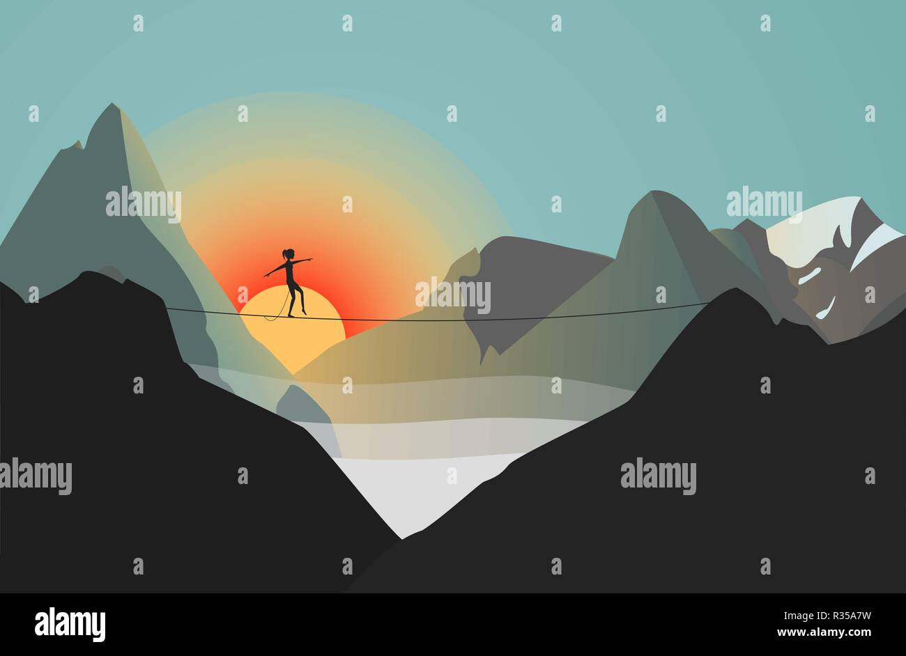 Vector Illustration. Woman Walking High Slack Line in the Mountains ...